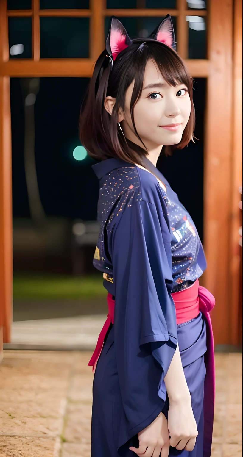 Arafed asian woman in a kimono with a cat ear and a pink bow - SeaArt AI