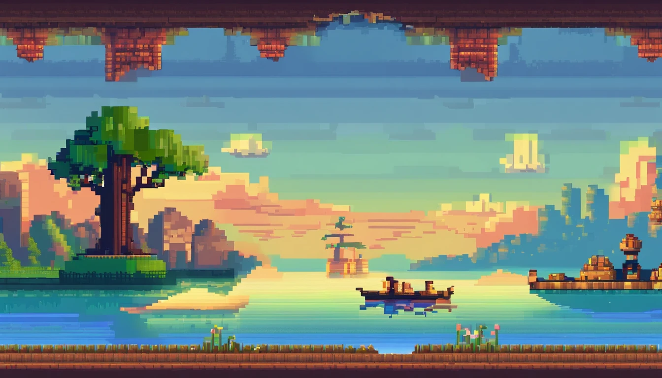 Pixel art tourism destination landscape. Evening. 3D pixel art 4K wallpaper. Incredible pixel ...