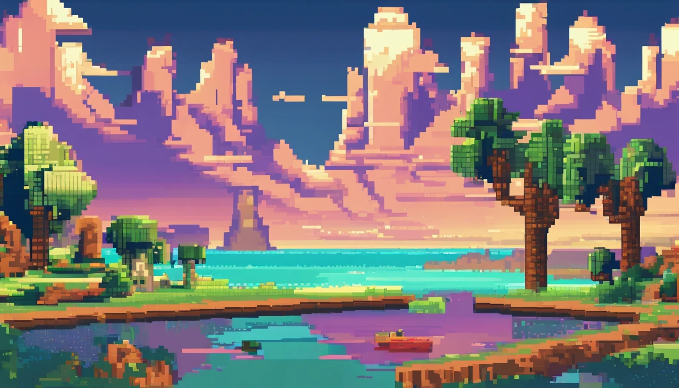 Pixel art tourism destination landscape. Evening. 3D pixel art 4K wallpaper. Incredible pixel ...