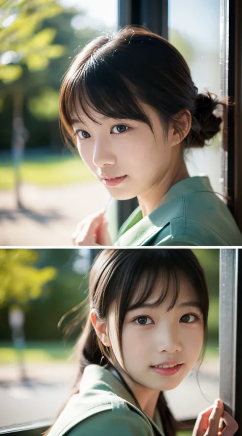 A junior high school girl screaming with all her might on the roof of a junior high school ...