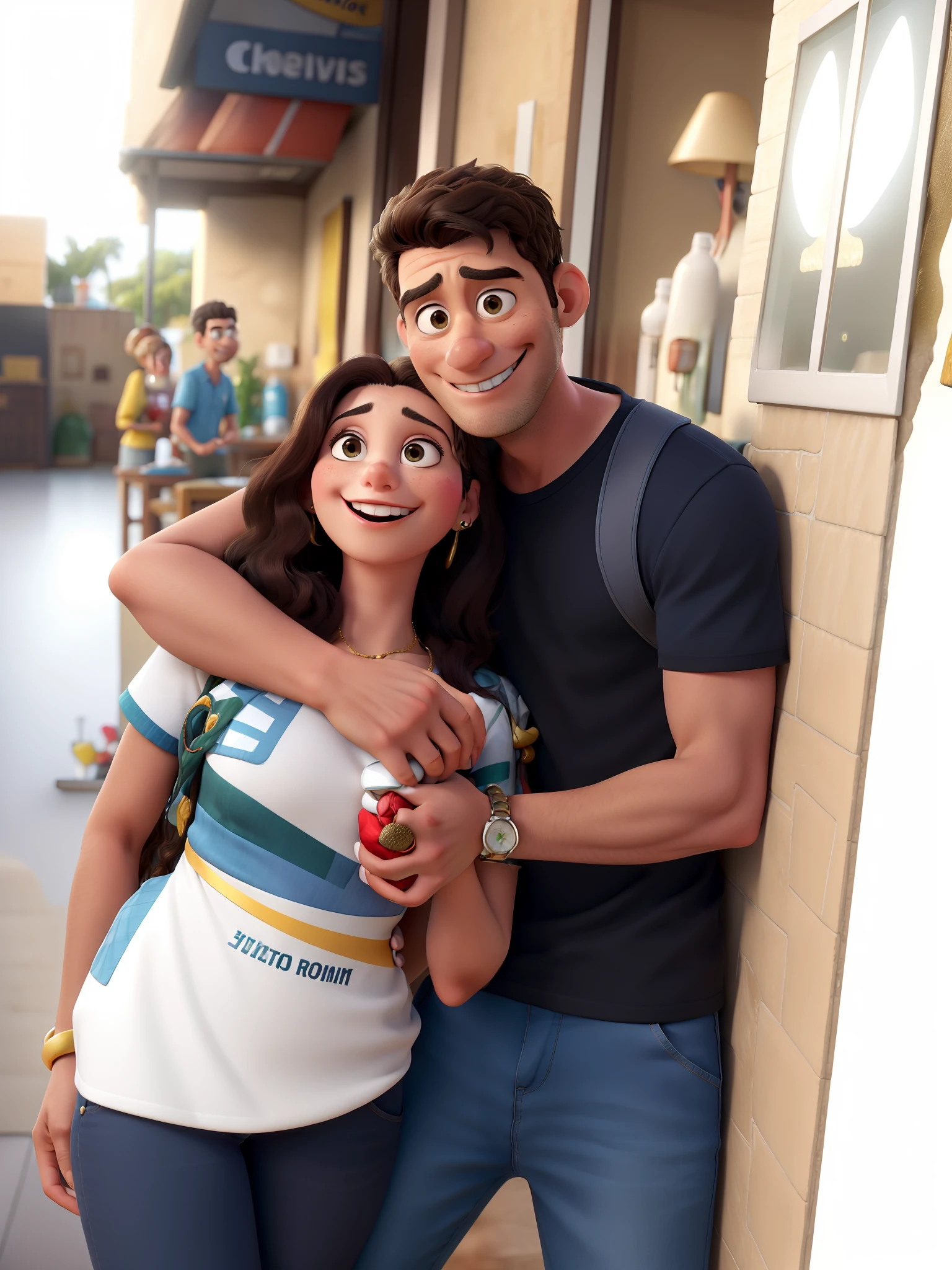 Una mujer abrazando a un hombre frente a una tienda. - SeaArt AI