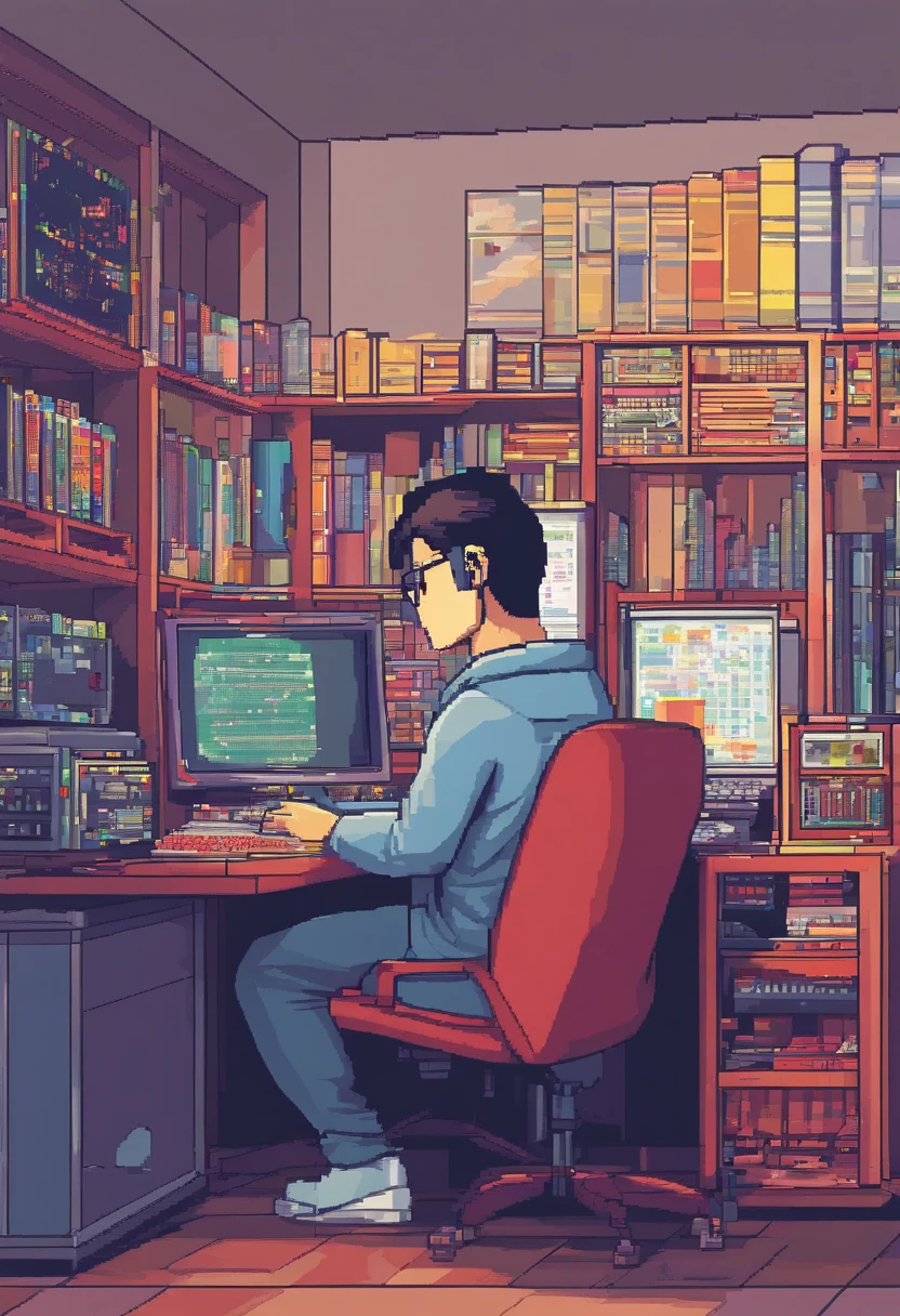 Cartoon of a man sitting at a desk with a computer - SeaArt AI