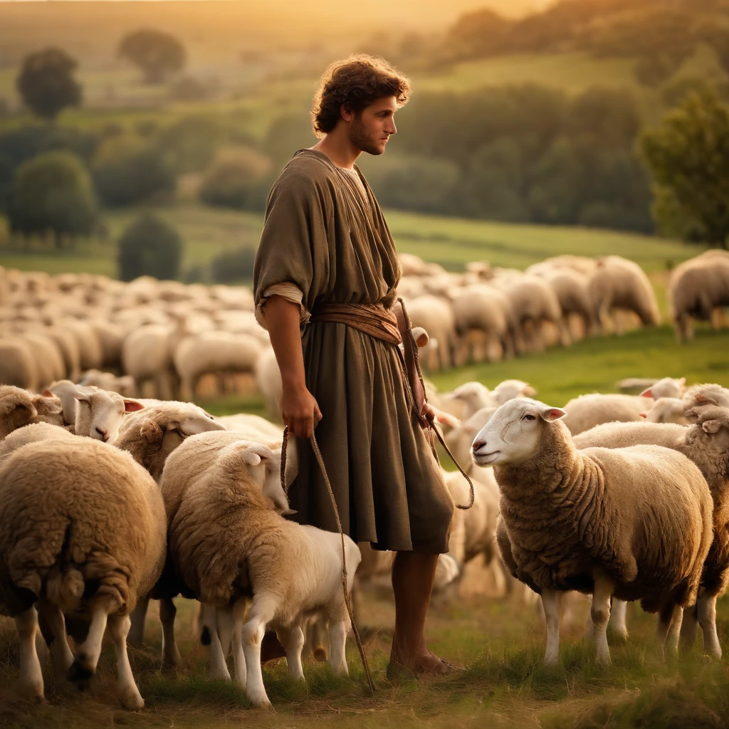 Hombre vestido con una túnica marrón de pie delante de un rebaño de ovejas - SeaArt AI