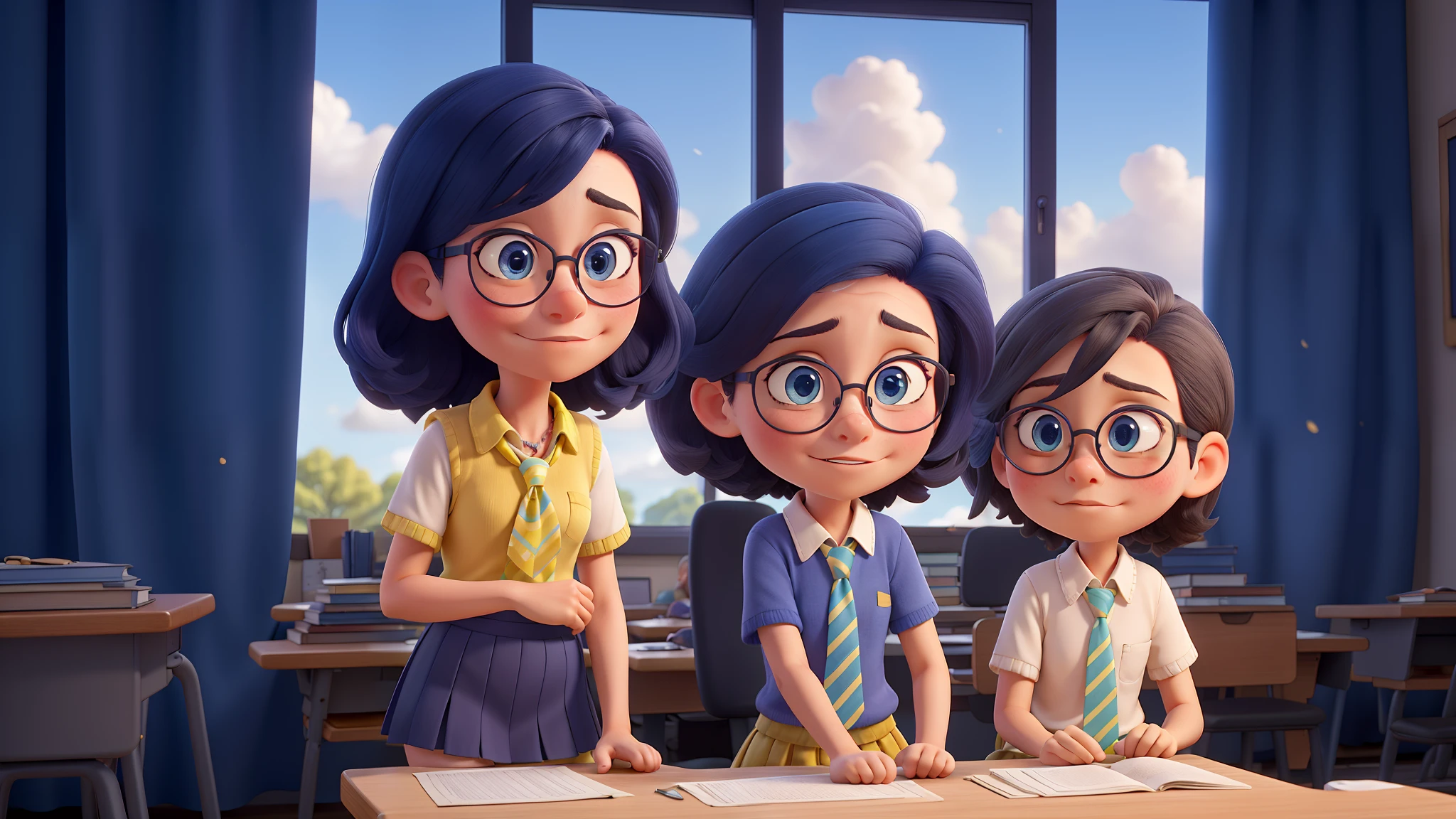 A group of cartoon characters sitting at a desk in a classroom - SeaArt AI