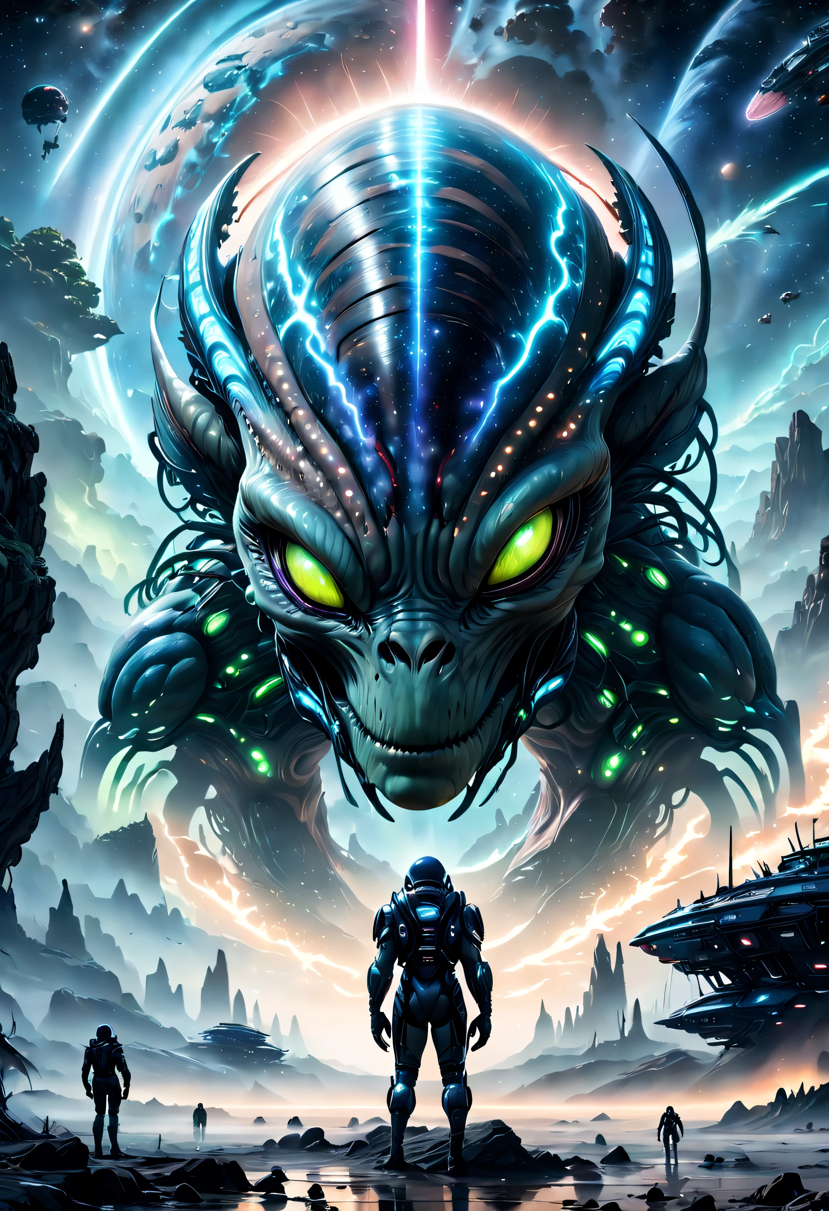 A man standing in front of a giant alien creature with glowing eyes ...