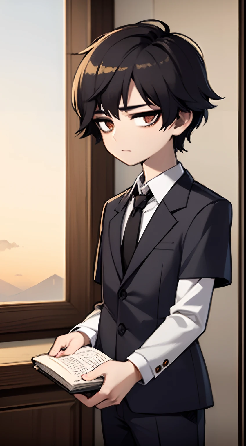 Anime boy in suit holding a book in front of a window - SeaArt AI