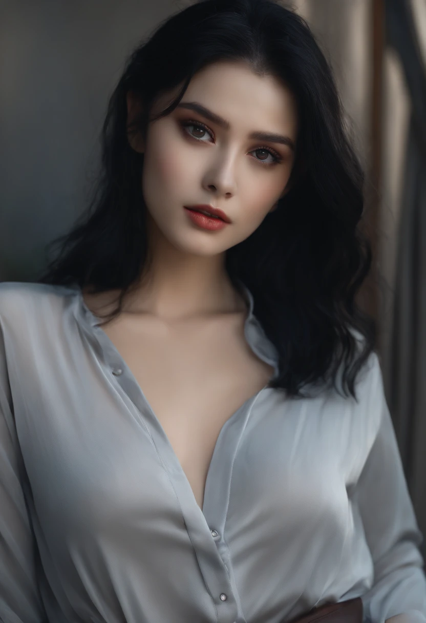 Un primer plano de una mujer vestida con una camisa gris y un cinturón marrón - SeaArt AI