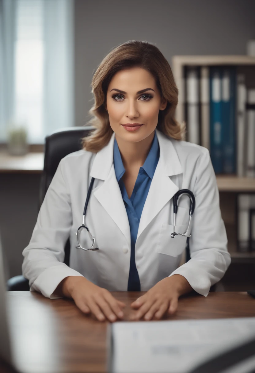 A close up of a woman in a lab coat sitting at a desk - SeaArt AI
