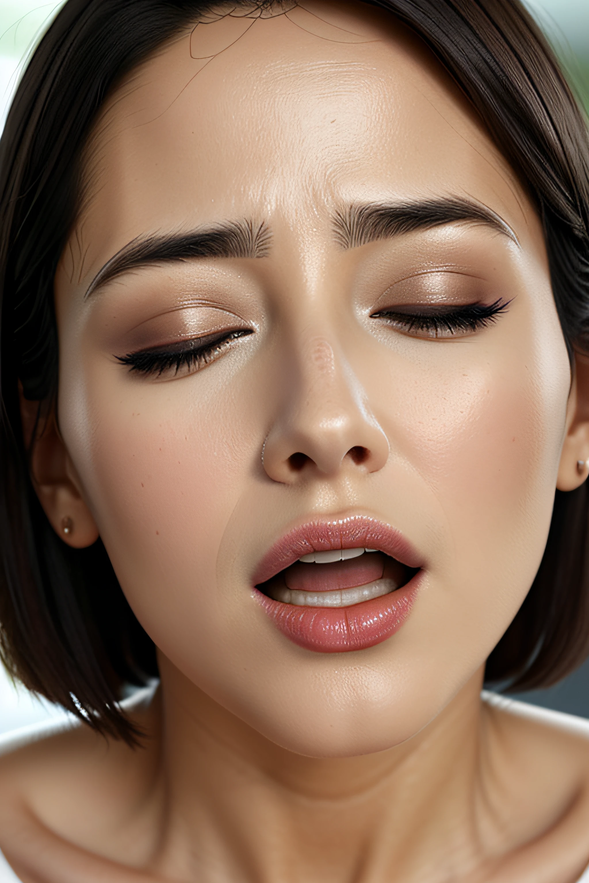 A close up of a woman with a white shirt and a brown hair - SeaArt AI