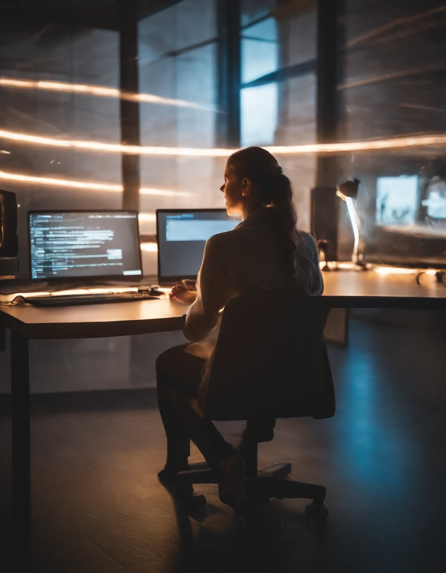 woman sitting at a table with a laptop and a book, sitting in front of a computer, in front of a ...