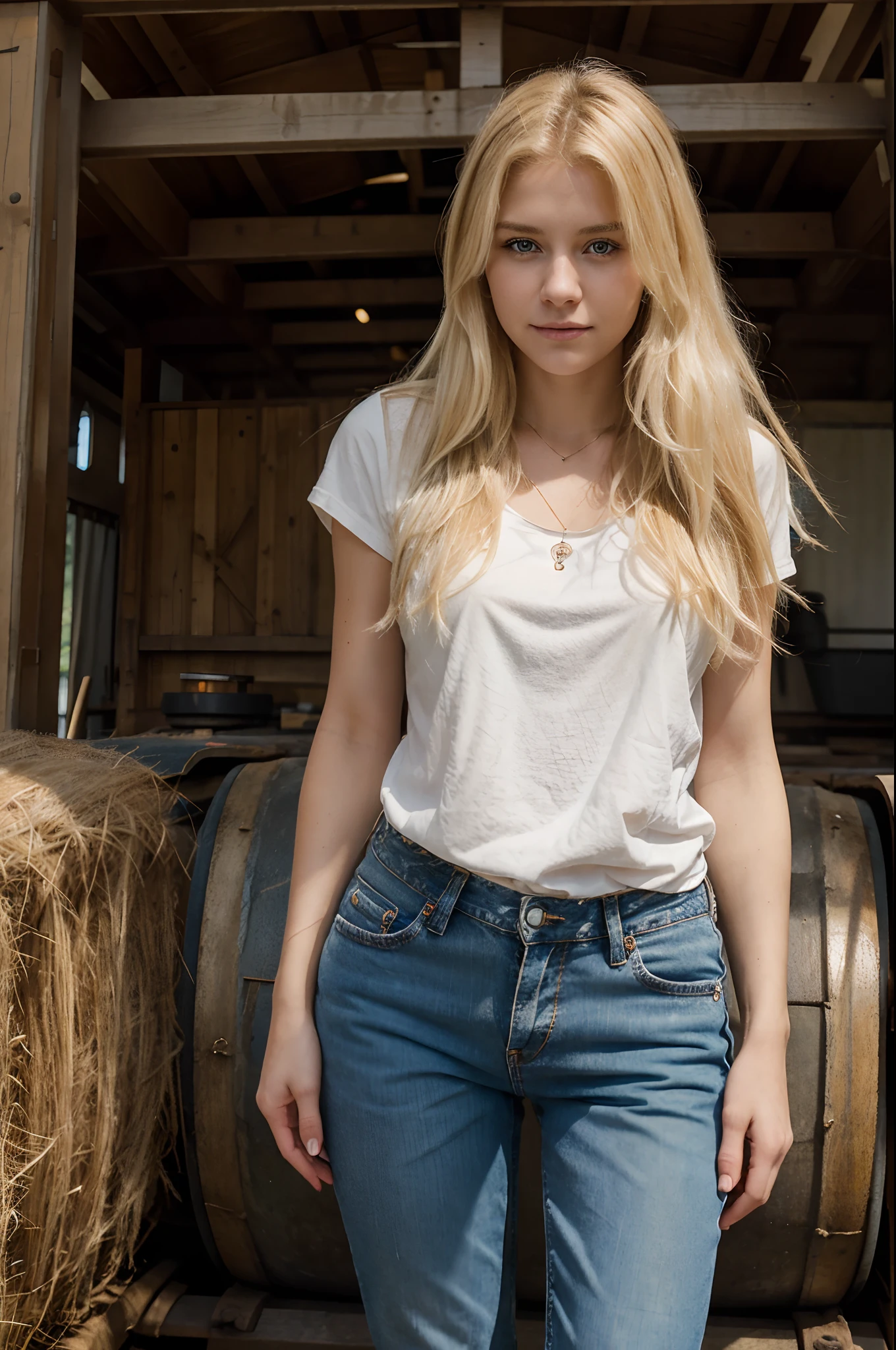 A beautiful young 20-year-old blonde woman with layered straight blond hair wears a plaid ...