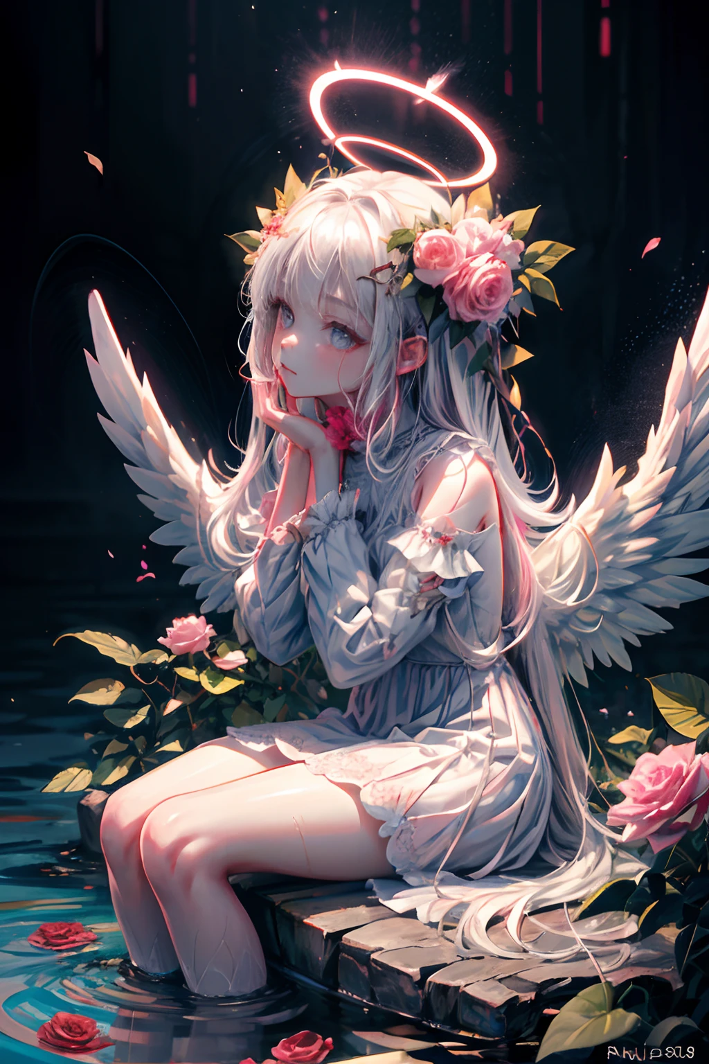 1girl, flower, solo,halo, long - SeaArt AI