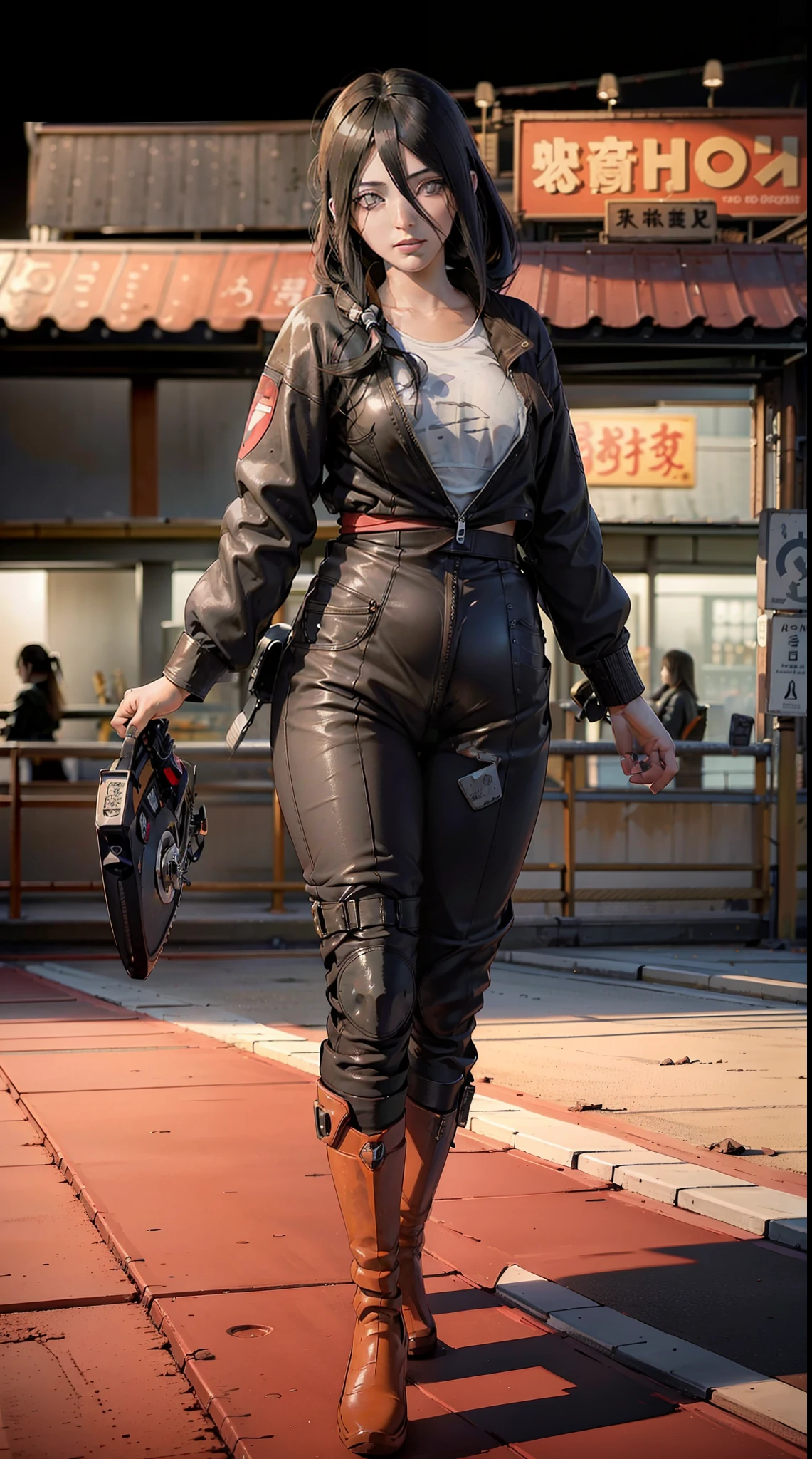 Araffe vestido de cuero caminando por una calle frente a una tienda - SeaArt AI