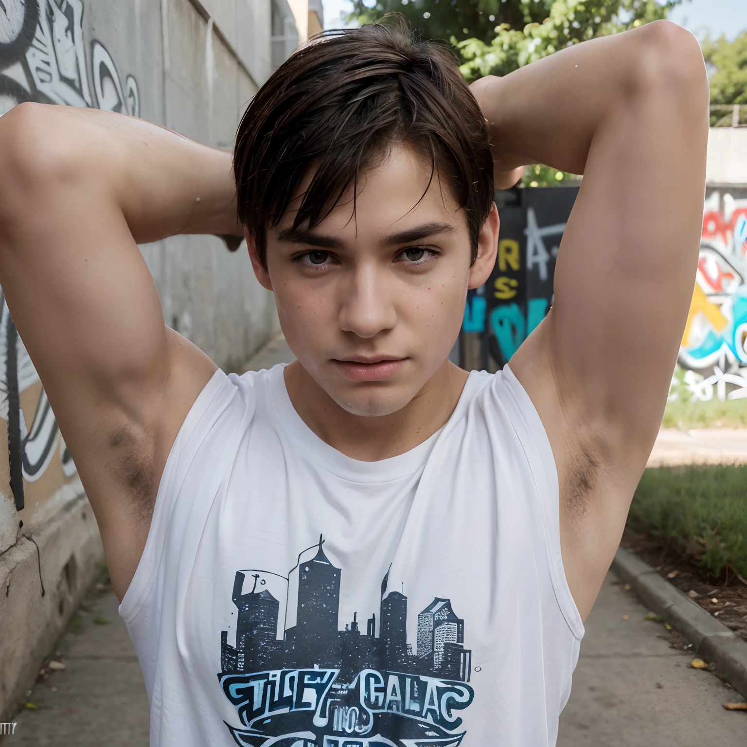 Arafed young man with his arms behind his head - SeaArt AI