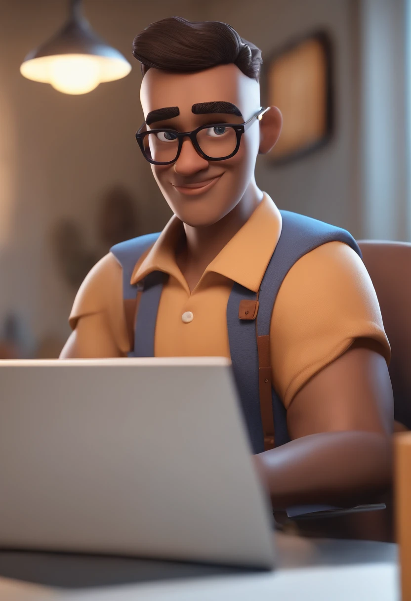 A close up of a cartoon character sitting at a desk with a laptop ...