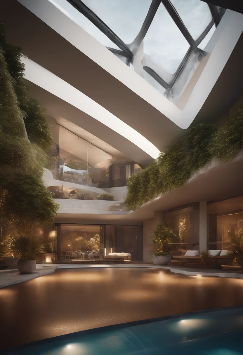 A rendering of a modern house with a pool and a skylight - SeaArt AI