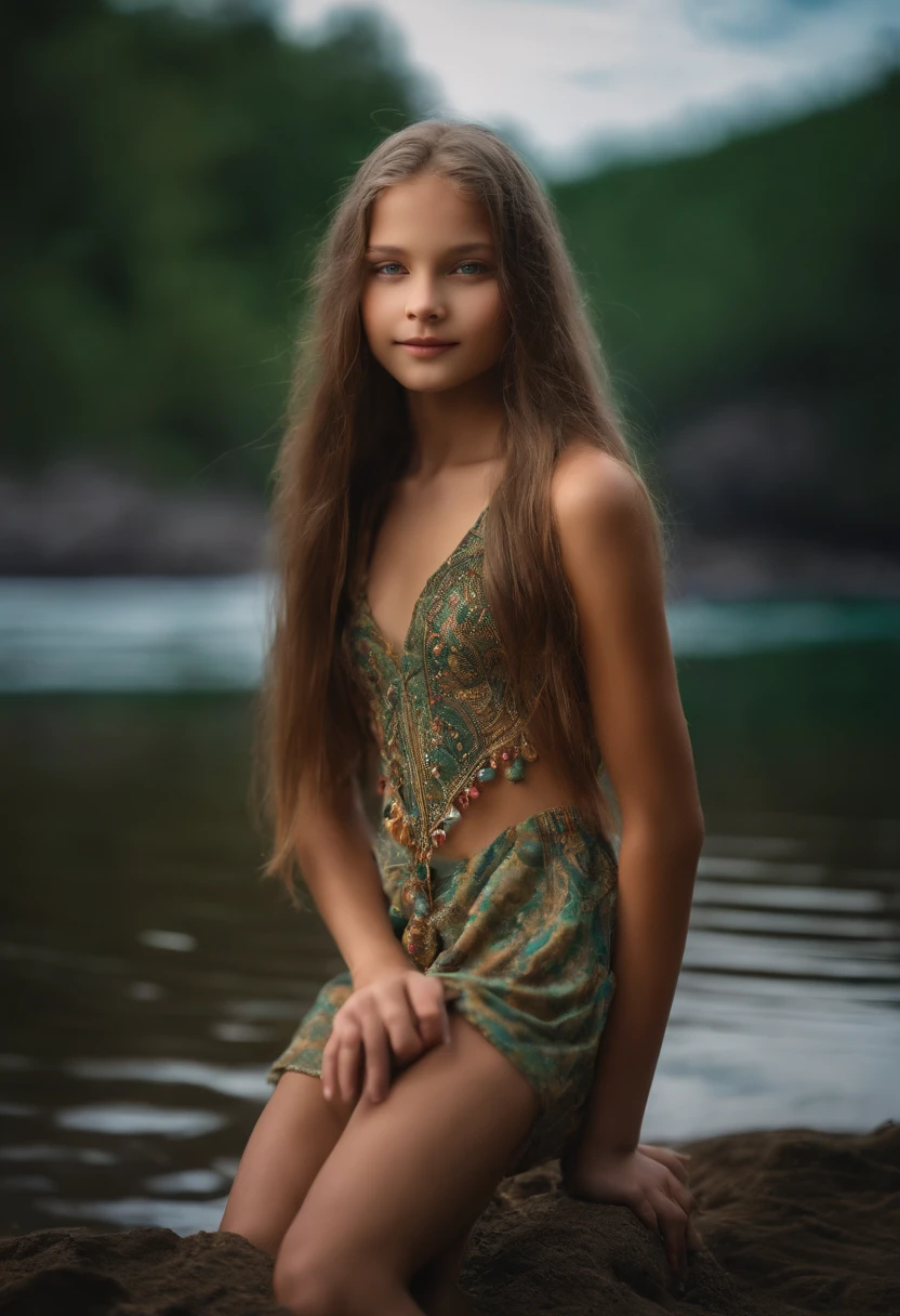 A close up of a young girl sitting on a rock near a body of water - SeaArt AI