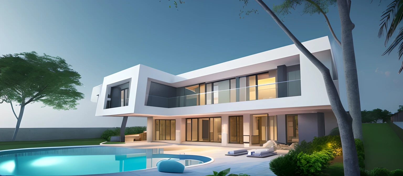 a rendering of a house with a pool and a patio, exterior design, concept house, contemporary ...
