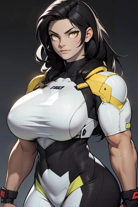 annoyed muscular girl huge breasts pale skin black hair yellow eyes - SeaArt AI