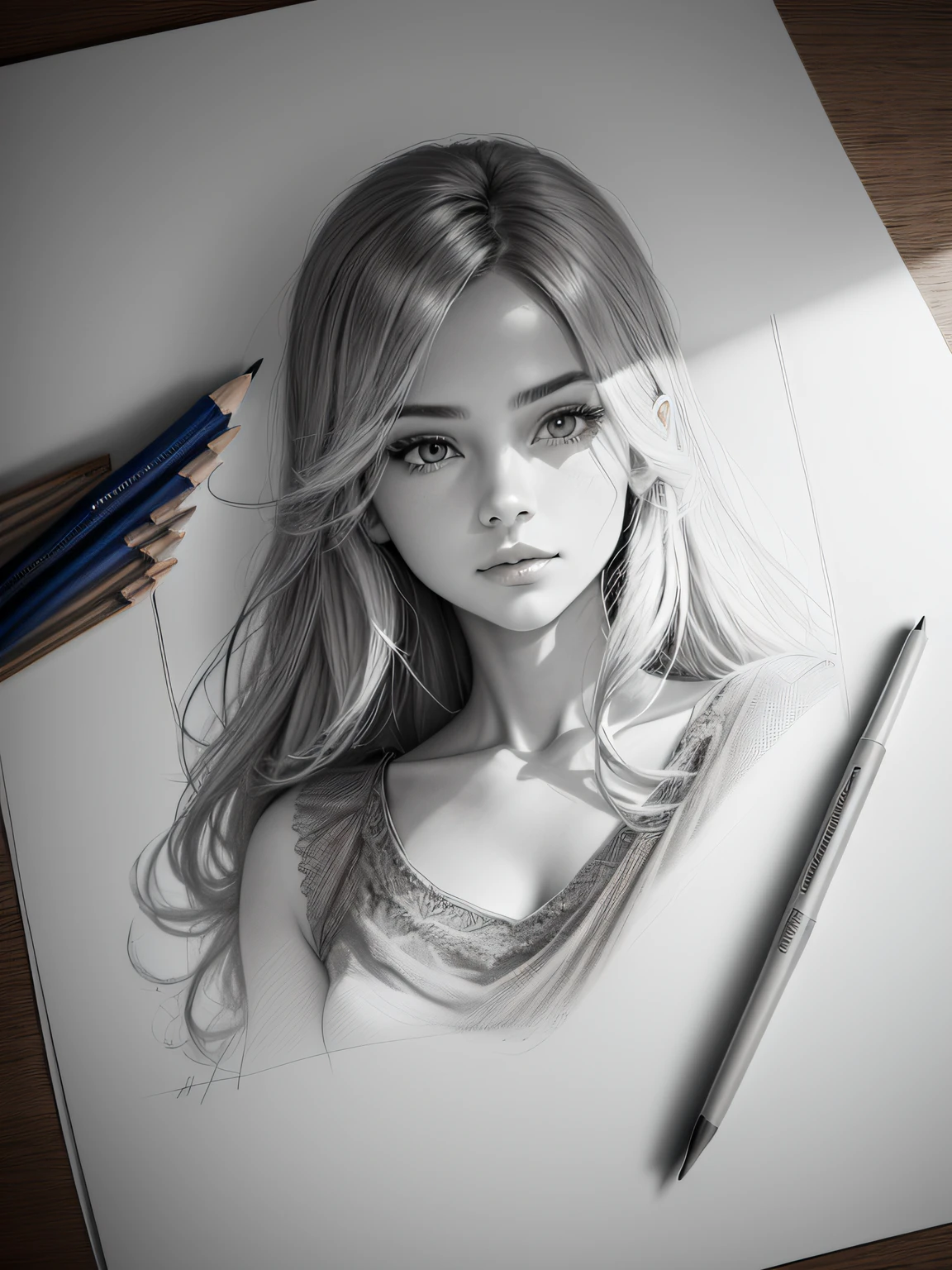 A drawing of a woman with long hair and a pencil - SeaArt AI