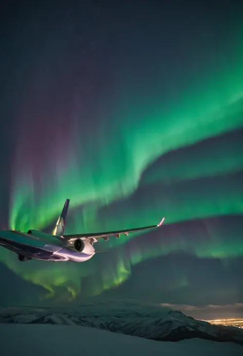 Jumbo jets flying under the Northern Lights、Magnificent Northern Lights ...