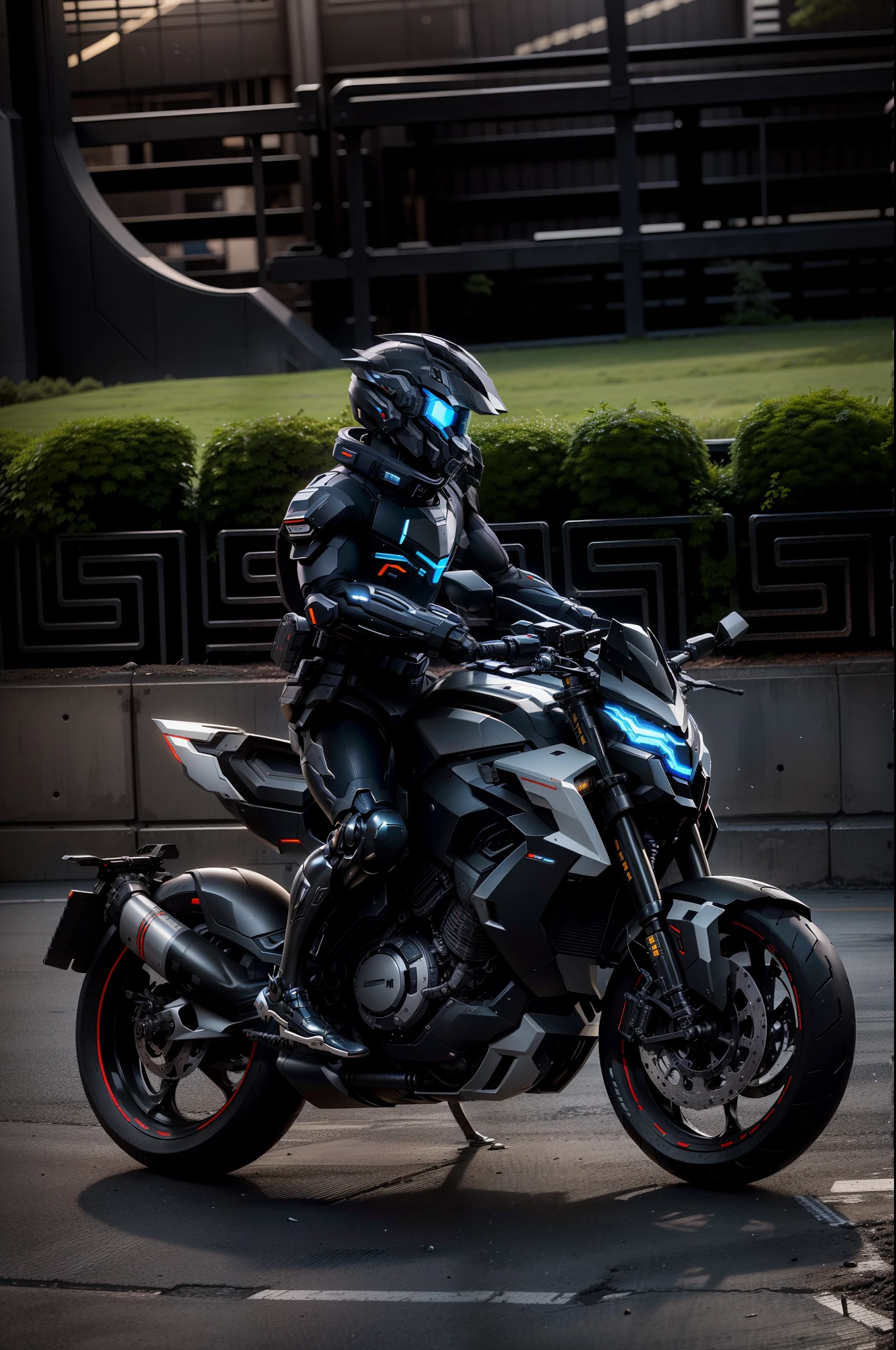 一名全副武装的阿拉夫男子在城市街道上骑着摩托车 - SeaArt AI