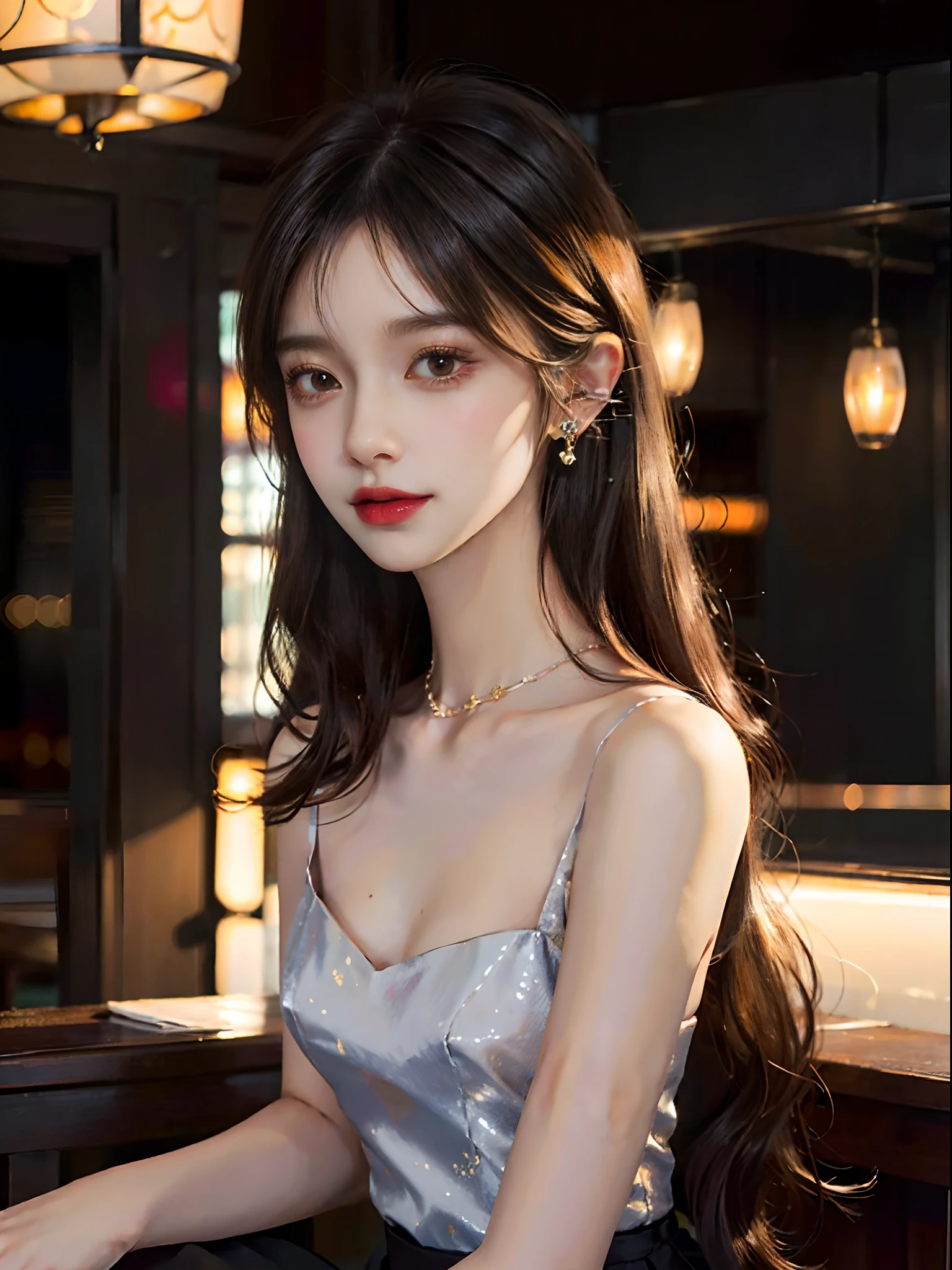 从下面 一个年轻的女孩 晚上 灯光 在酒吧里 Seaart Ai