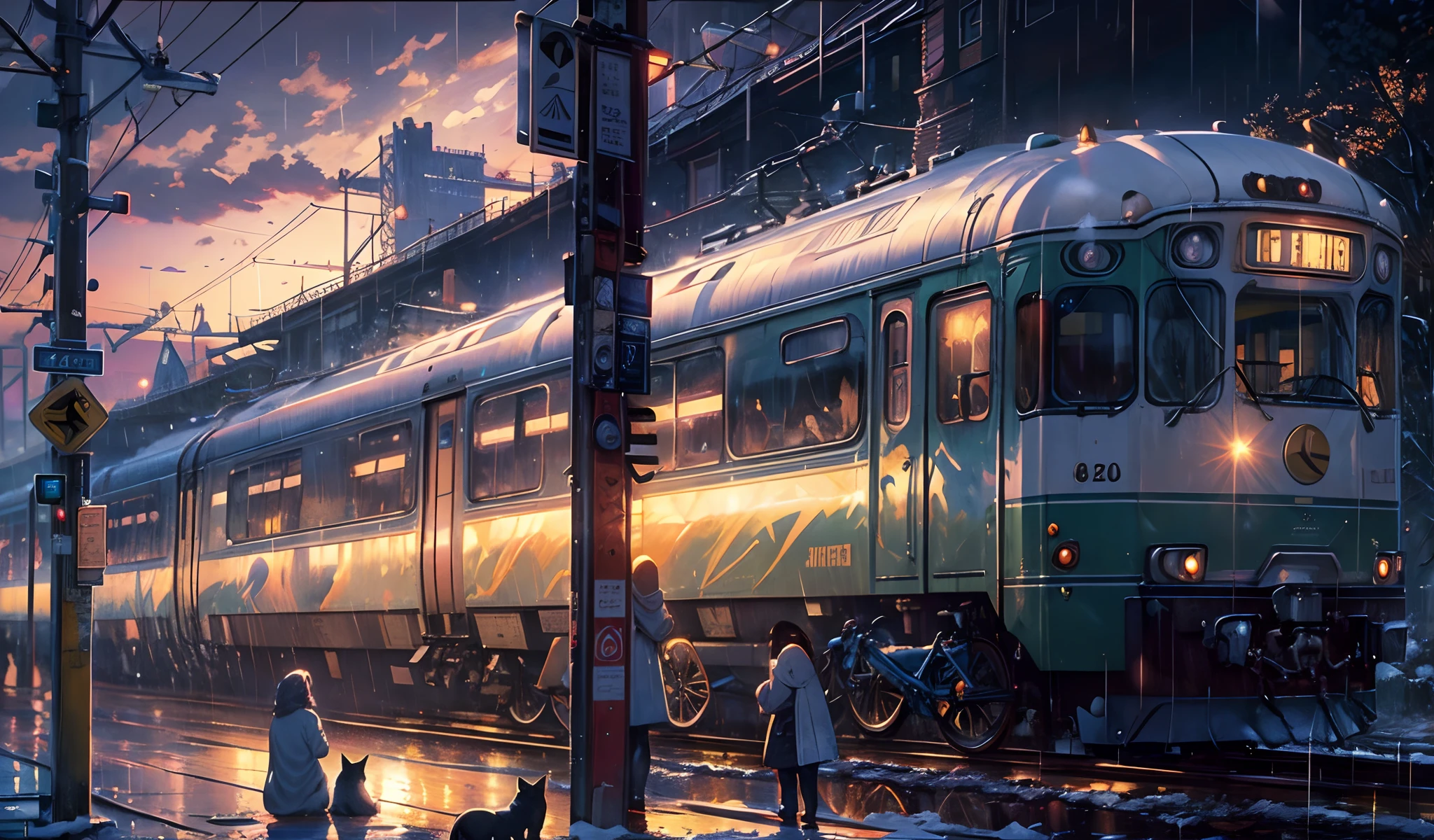 There is a train that is on the tracks in the rain - SeaArt AI