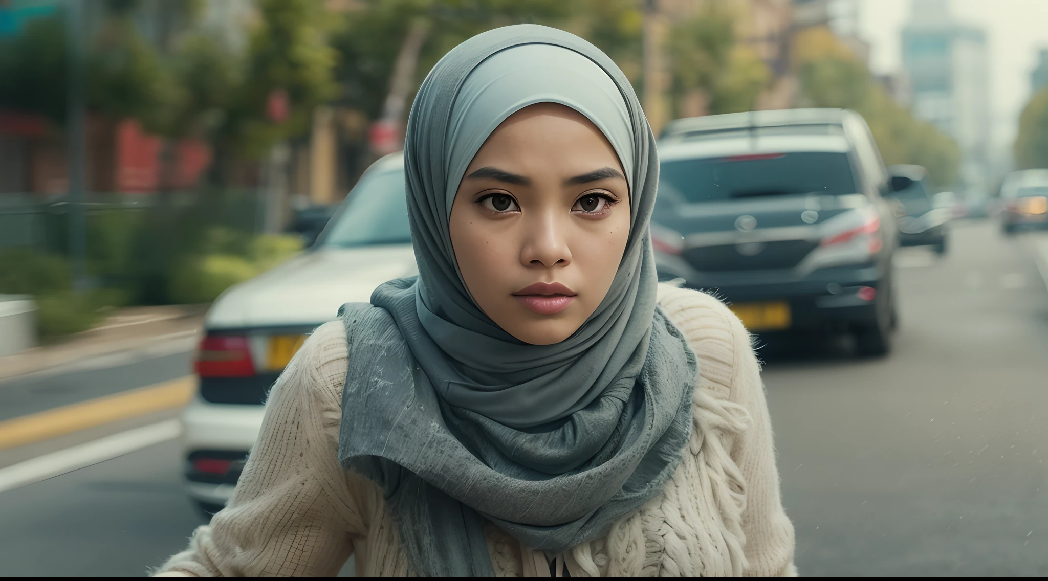 Create a film still from a thrilling car chase scene, featuring a Malay girl in hijab as the ...