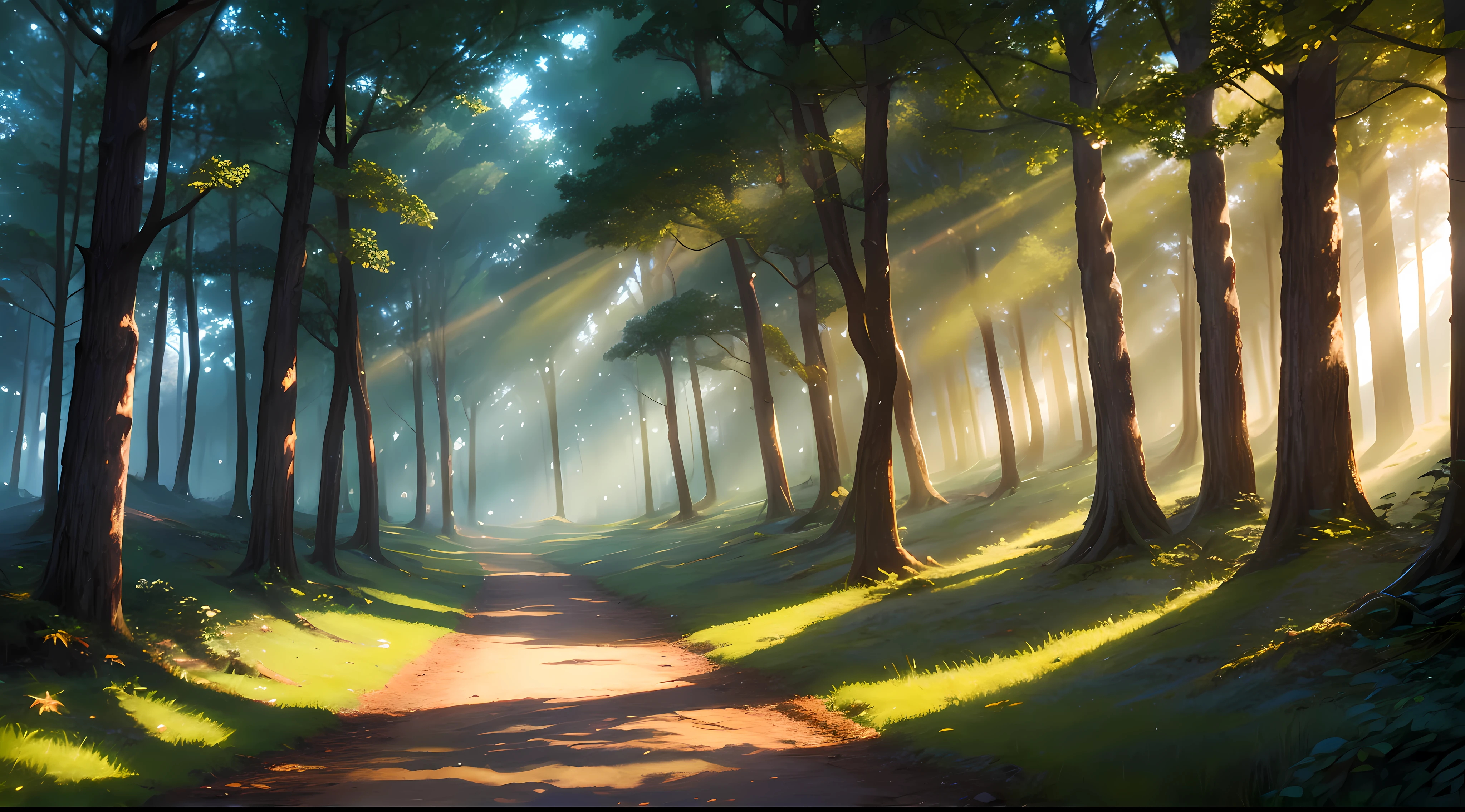 luz solar brilhando através das árvores em uma floresta com um caminho, uma pintura digital ...