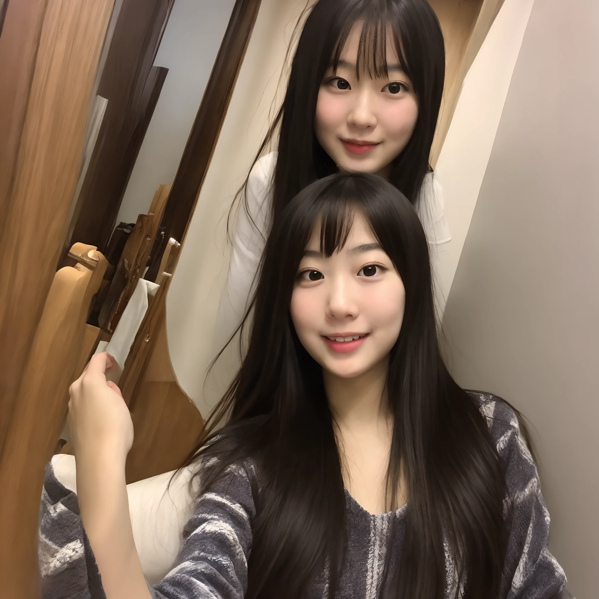 Two asian women are posing for a picture in a mirror - SeaArt AI