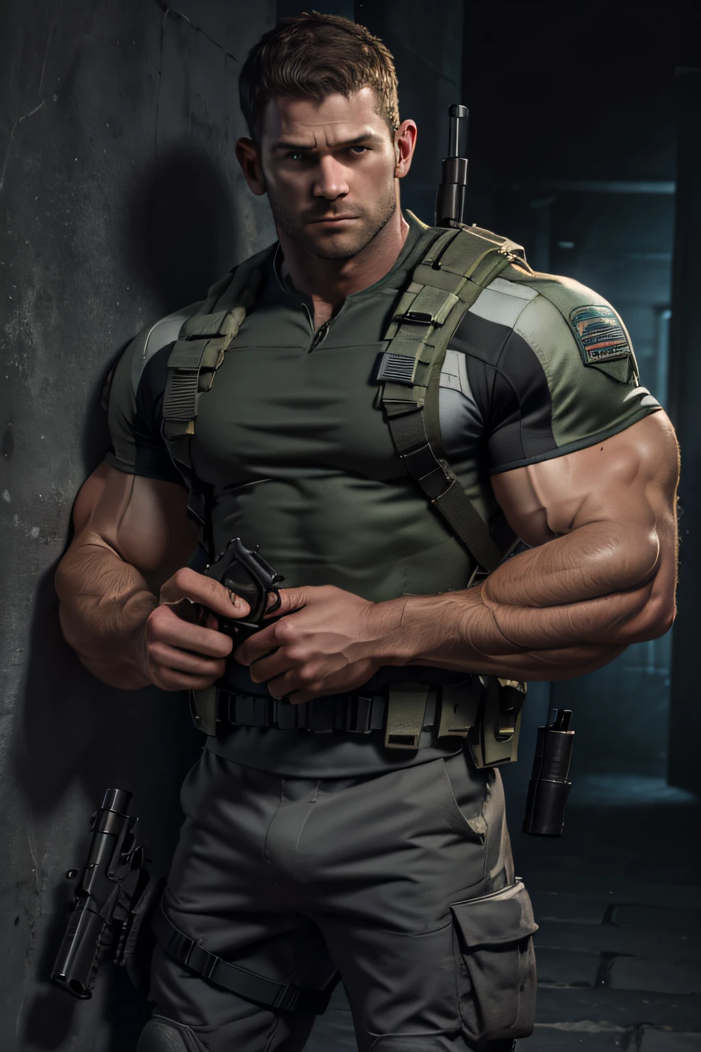 A man in a military uniform holding a gun and looking at the camera ...