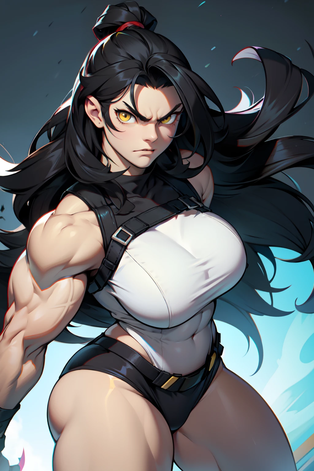 solo muscular thick thighs huge breasts black hair yellow eyes pale skin long hair angry - SeaArt AI
