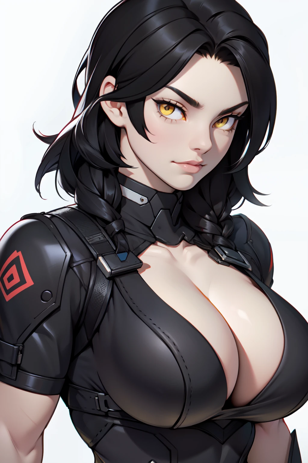 muscular girl huge breasts black hair yellow eyes pale skin - SeaArt AI