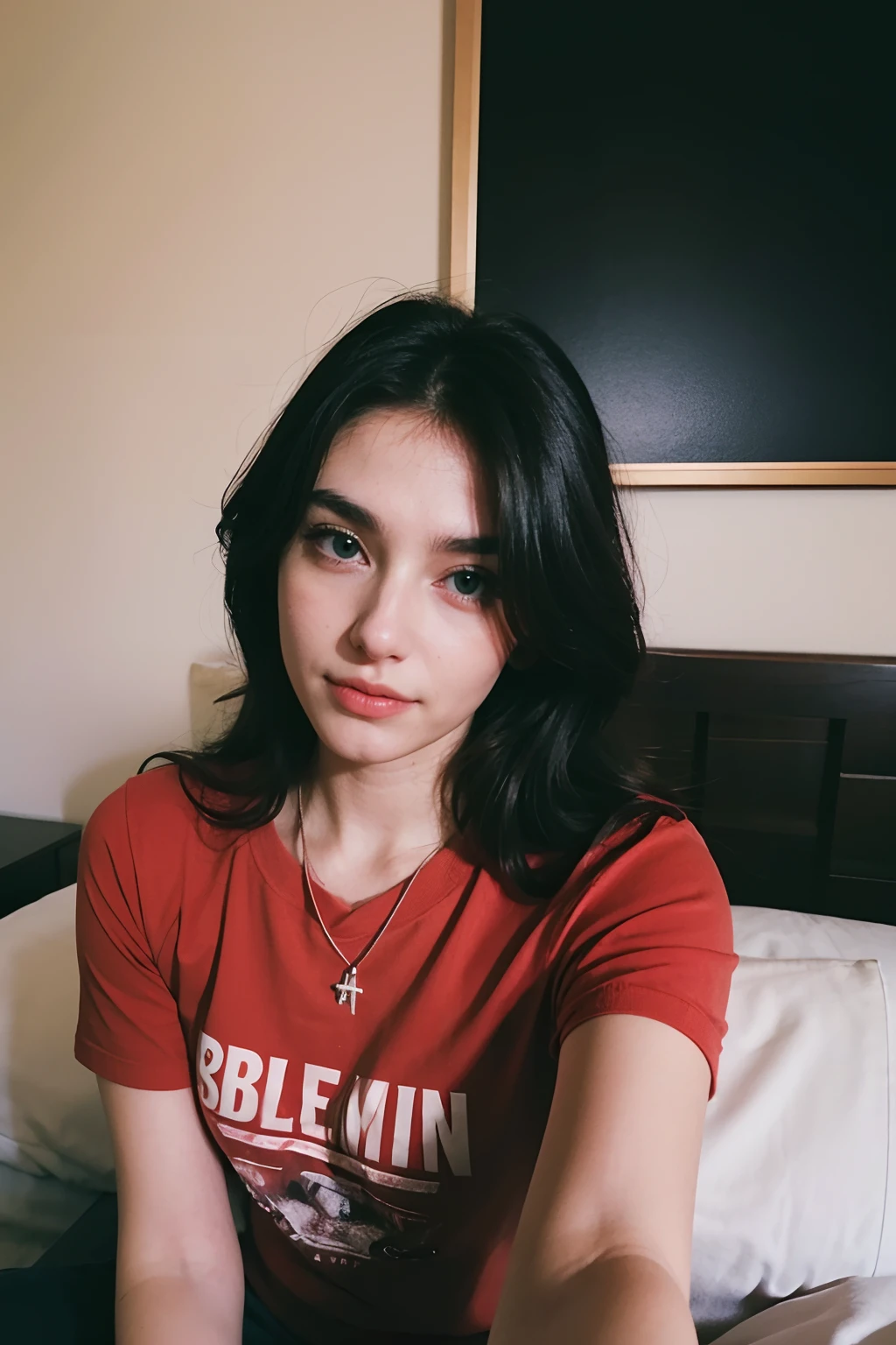 One hand selfie, night, Stunning Gaia Nobile, 18 years old, taking a last selfie of the day ...