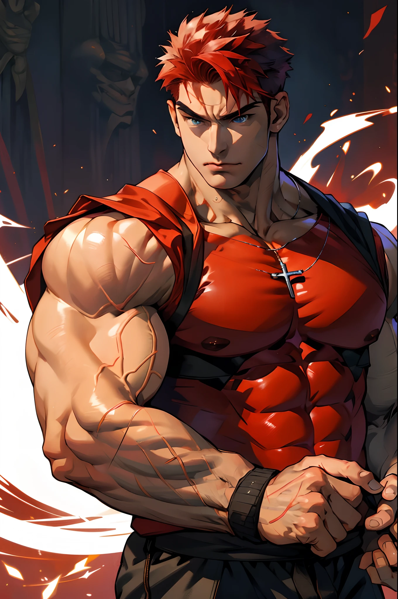 A close up of a man with a red shirt and a sword - SeaArt AI