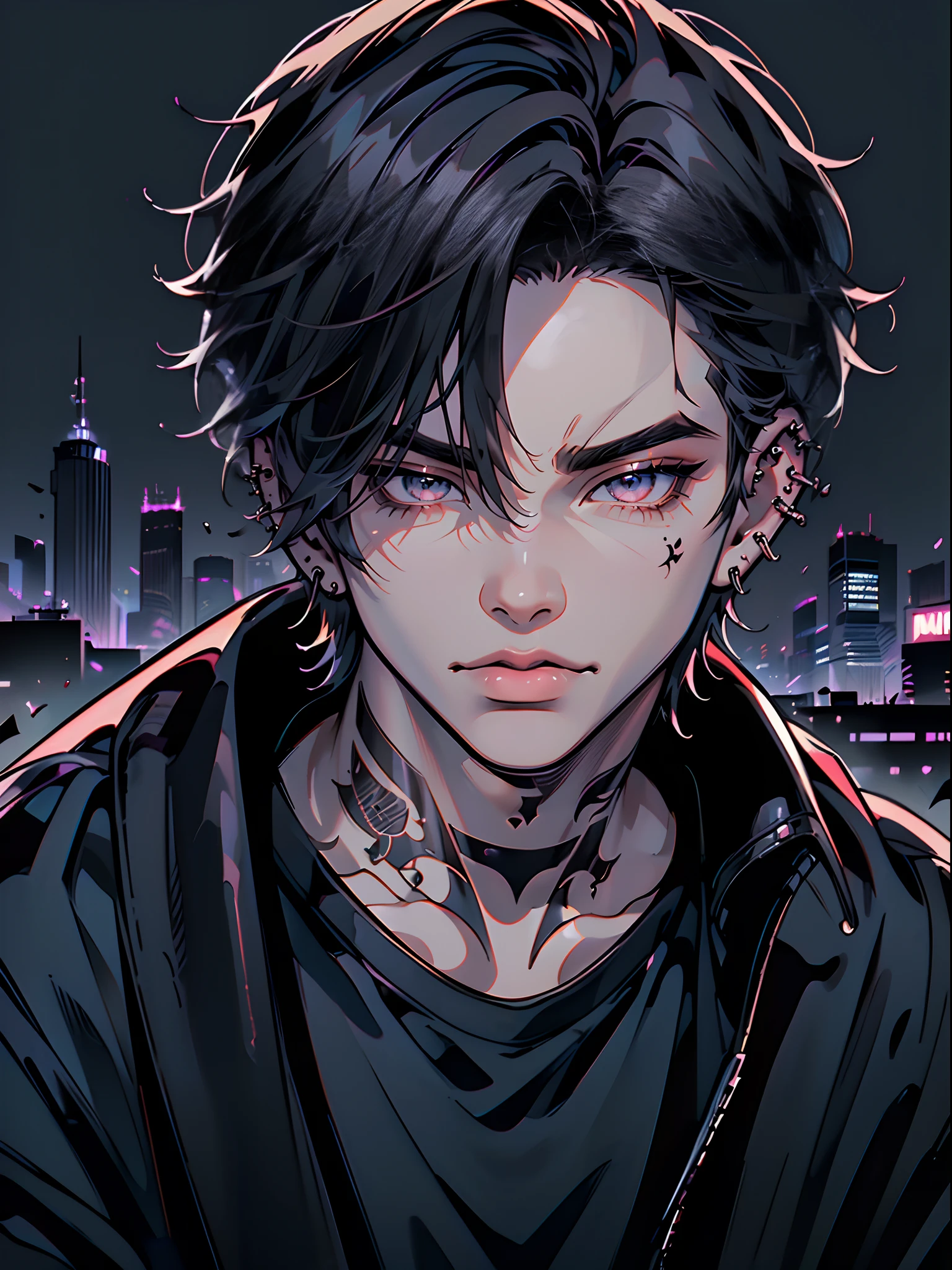 黒髪にピアスをしたアニメの少年が都市の前にいる Seaart Ai