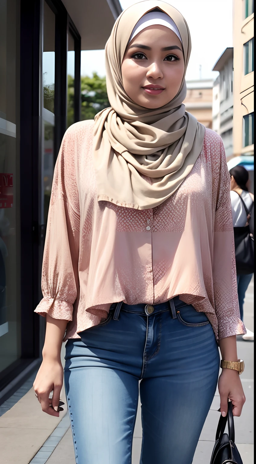 Araffe wearing a scarf and jeans walking down a street - SeaArt AI