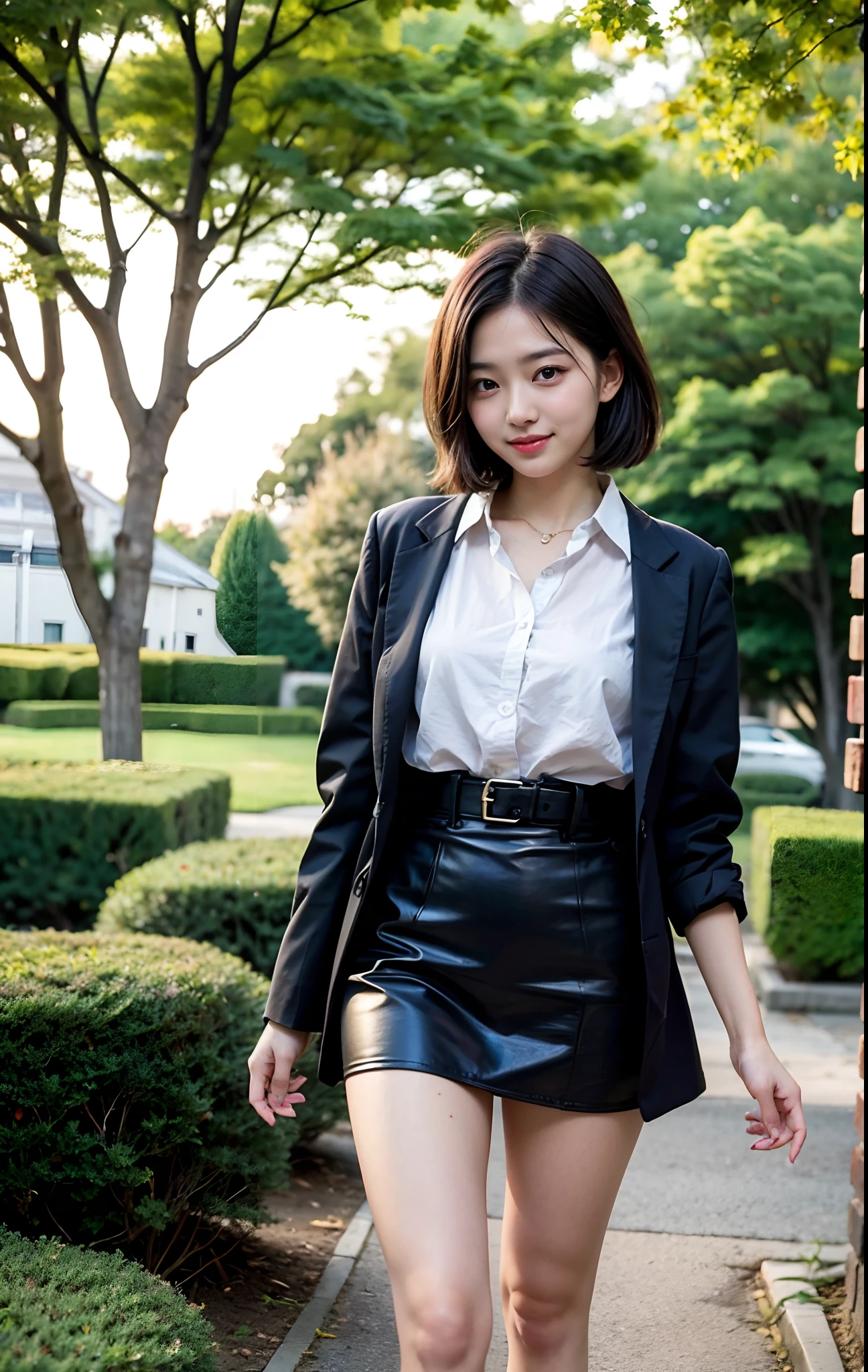 Arafed asian woman in a black leather skirt and white shirt - SeaArt AI