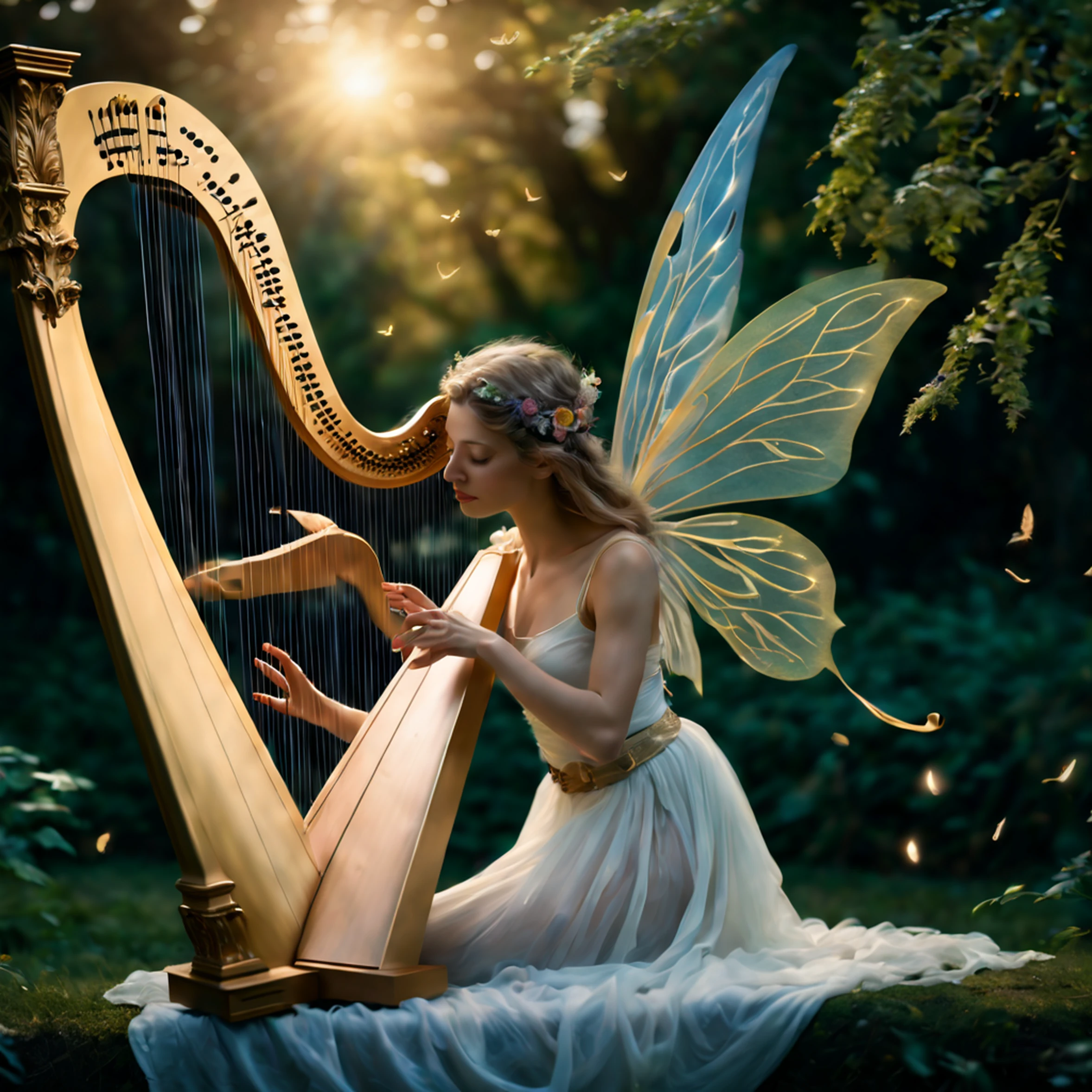 Araffe fairy playing a harp in a forest with butterflies flying around ...