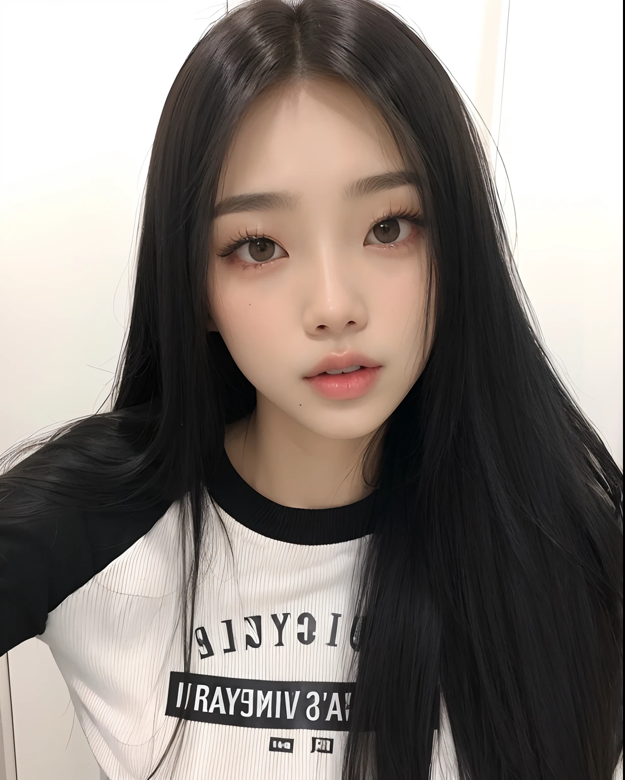 um close up de uma mulher com longos cabelos pretos vestindo uma camisa branca, Ulzzang, coreana ...