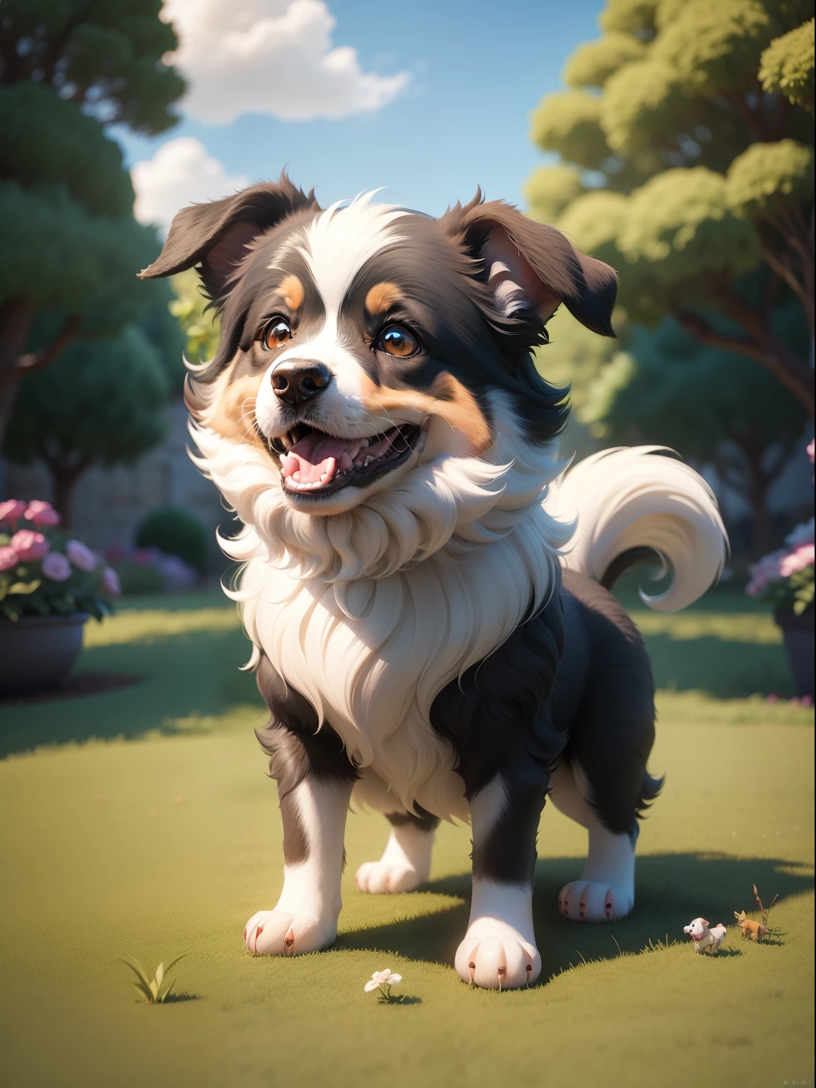 A close up of a dog standing in a field with flowers - SeaArt AI