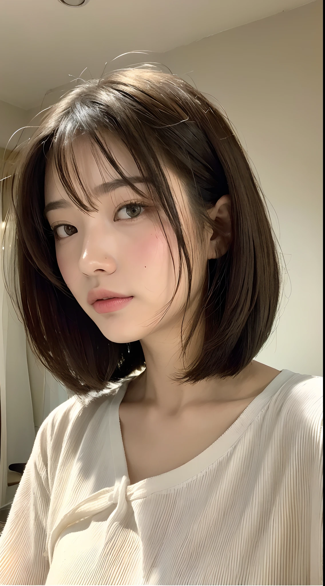 顶级品质、8k、 杰作13、锐利的焦点12、美丽的女人与完美的身材14、具体背景、白色t恤、饱满的小脸、中等头发、飘逸的头发、沙龙模特、日本16岁女孩、景点、瘦腹12