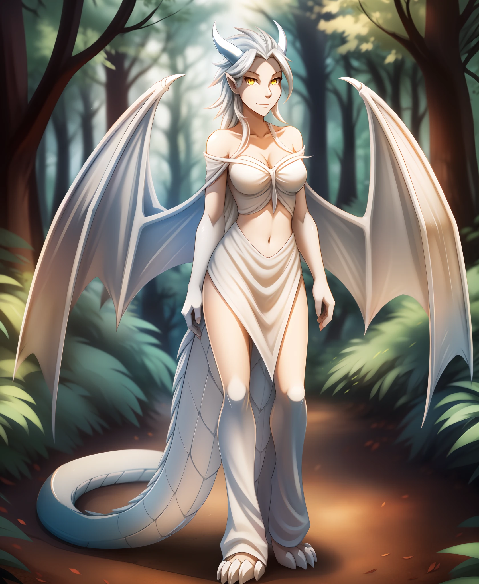 A woman in a white dress with a dragon tail standing in the woods - SeaArt AI