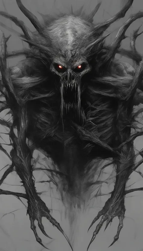 Draw a demonic creature with a bloody face and bloody head, genocide ...