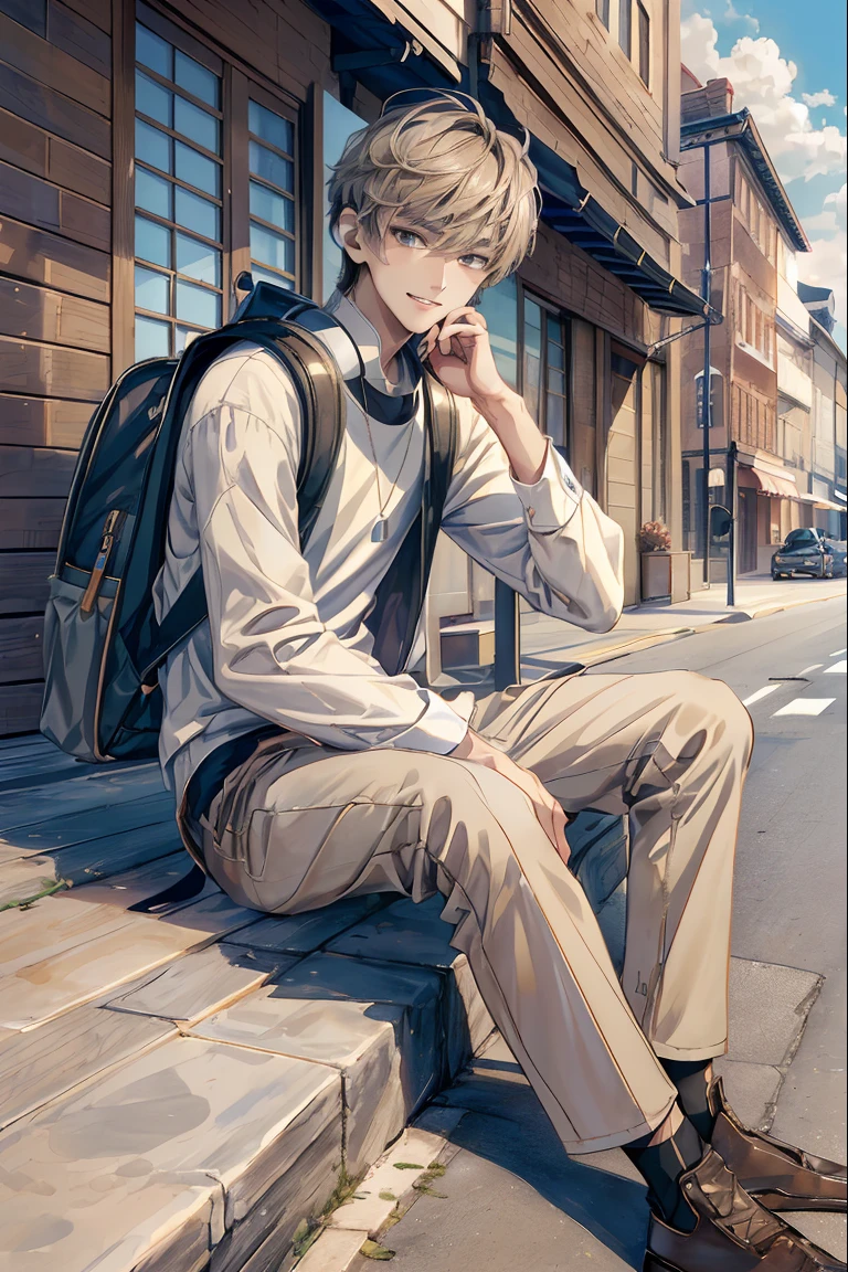Anime boy sitting on steps with backpack and cell phone - SeaArt AI