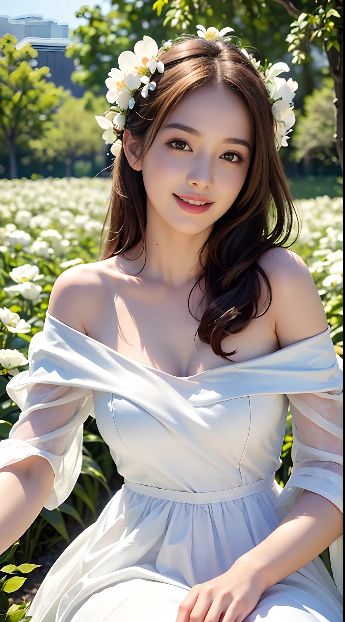 Araffe woman in a white dress sitting in a field of flowers - SeaArt AI