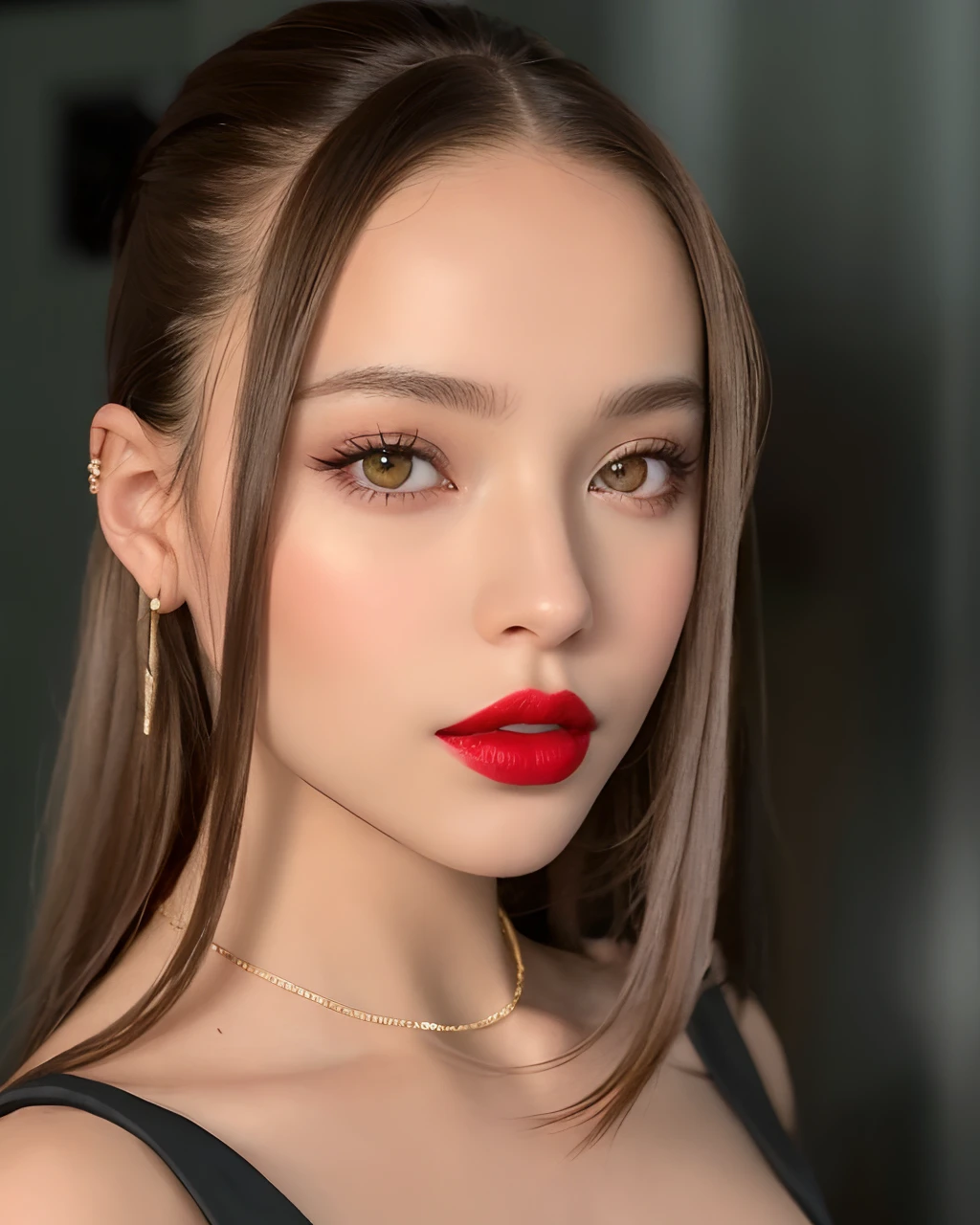 Una mujer con cabello largo y castaño y lápiz labial rojo posando para una foto. - SeaArt AI