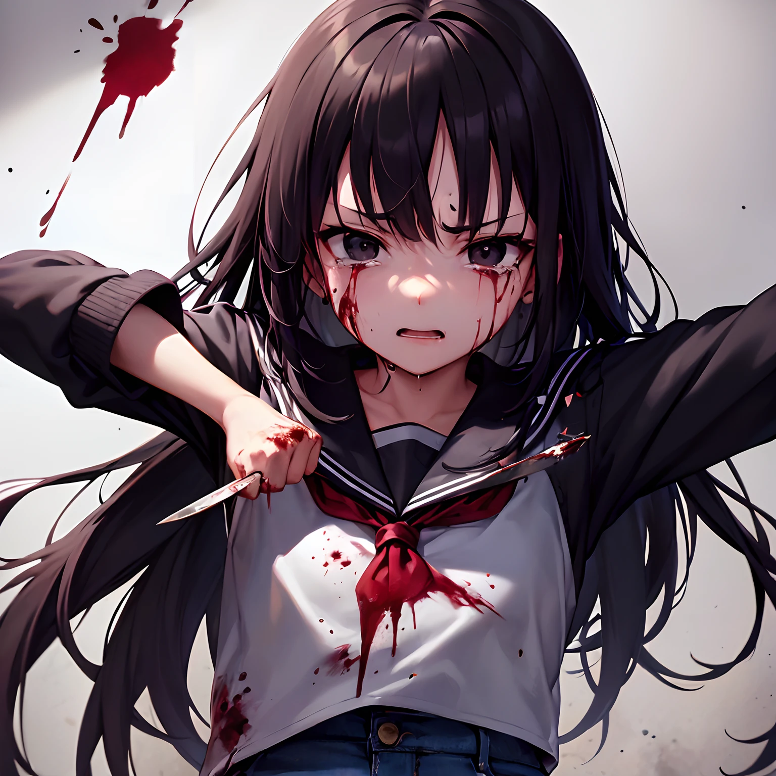 血まみれのナイフと顔に血が付いたアニメの女の子 Seaart Ai
