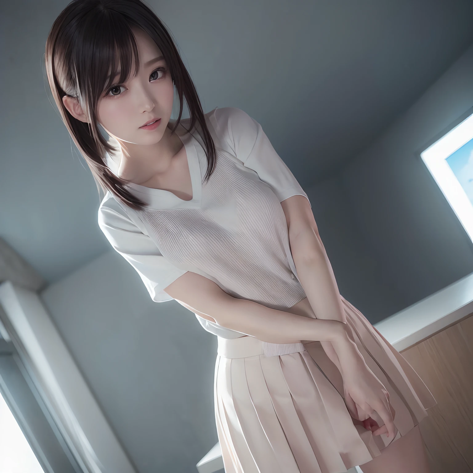 Arafed asian woman in a short skirt posing for a picture - SeaArt AI